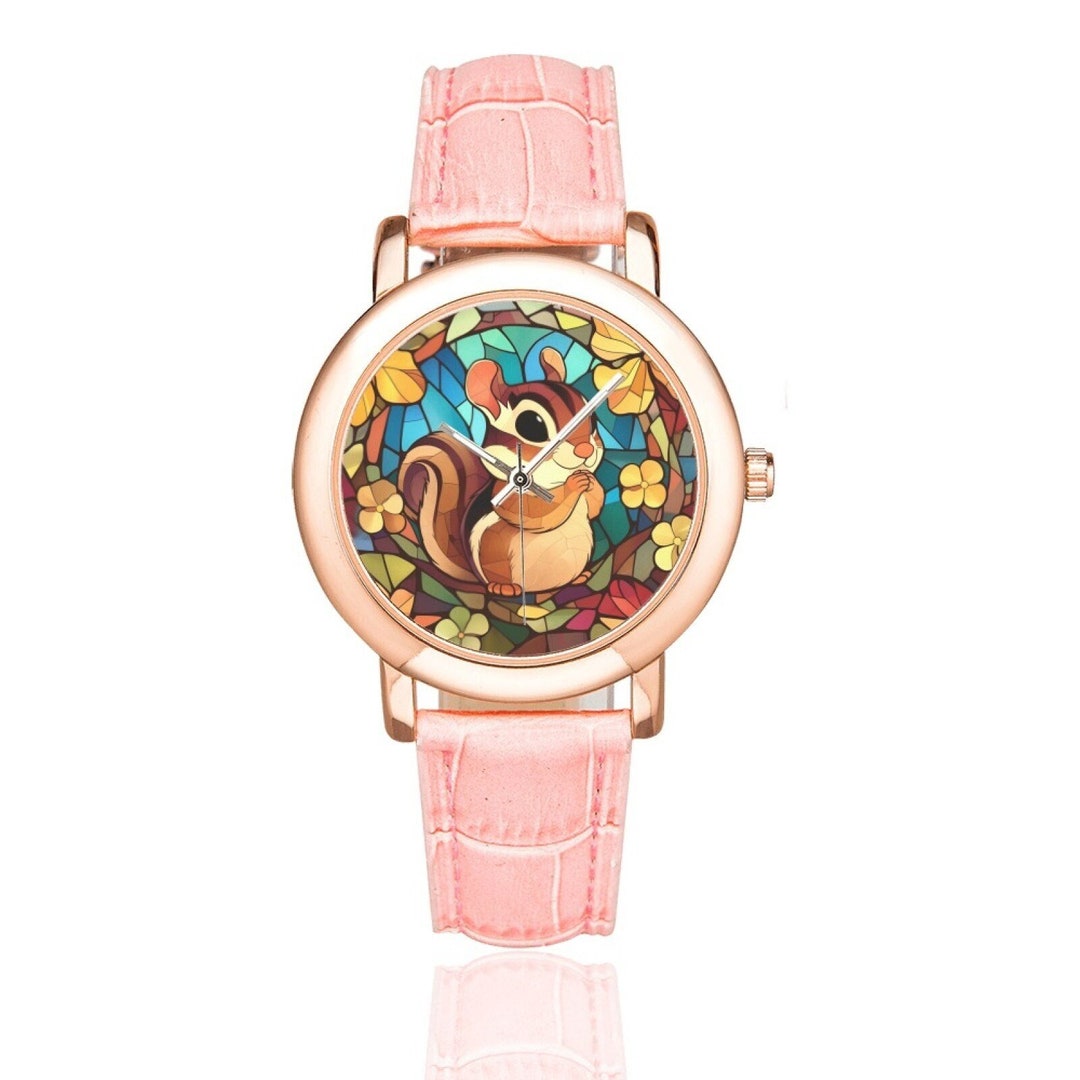 Cute Chipmunk Watch With Rose Gold Plated Bezel and Pink Leather Band ...