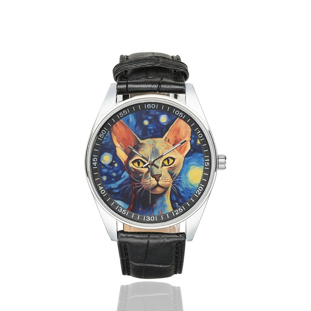 Starry Night Sphynx Cat Watch: Black Leather Band, Unisex Design - Etsy