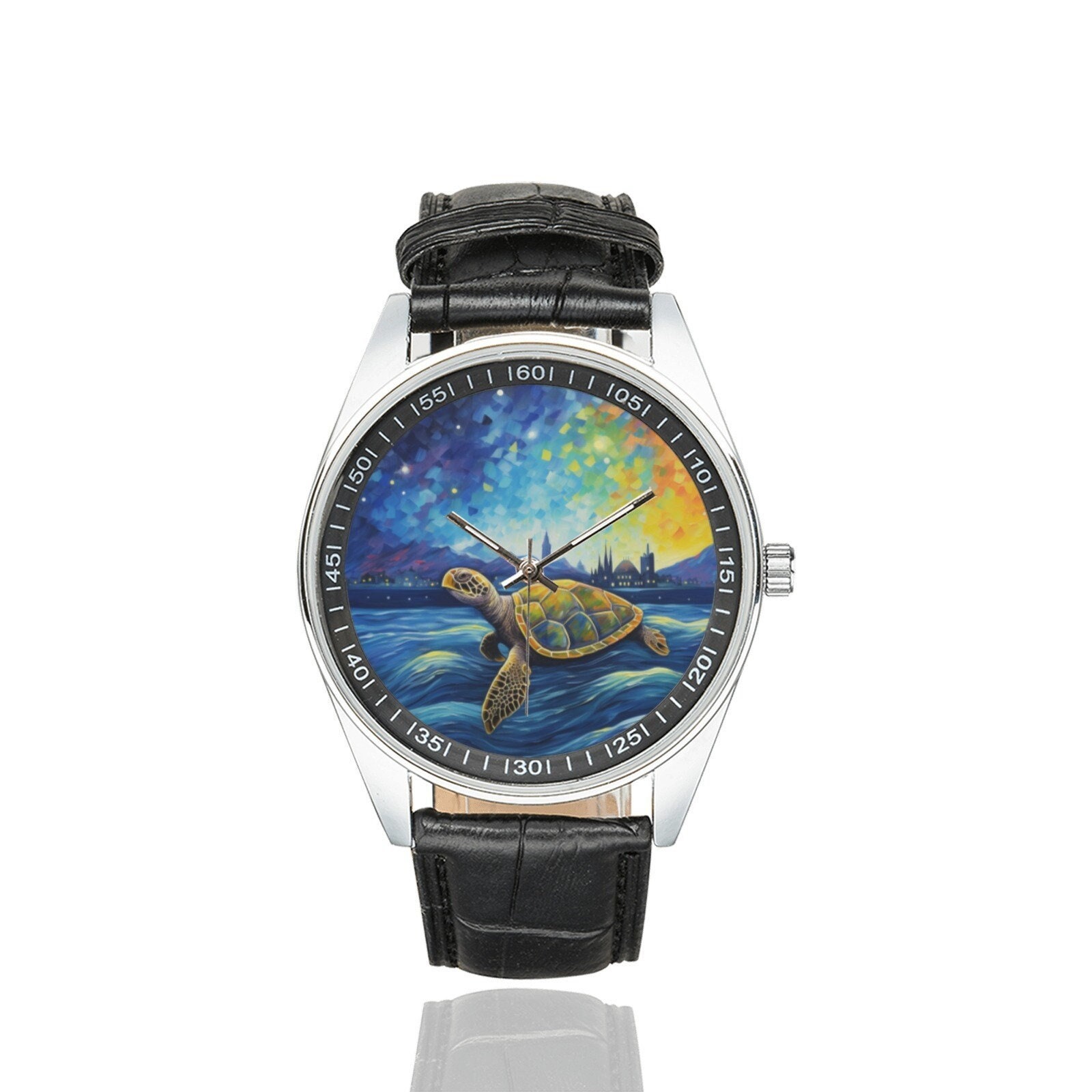 Starry Night Turtle Watch With Black Leather Band, Watches for Men and Women Perfect Gift for ...