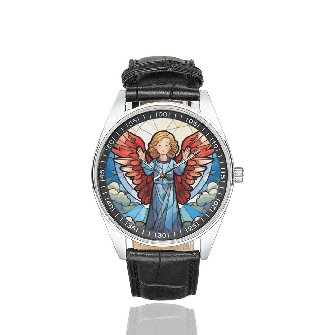 Stained Glass Little Angel Watch With Black Leather Band, Watches for ...