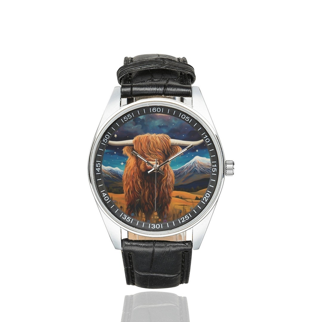 Starry Night Highland Cow Watch With Black Leather Band, Watches for ...