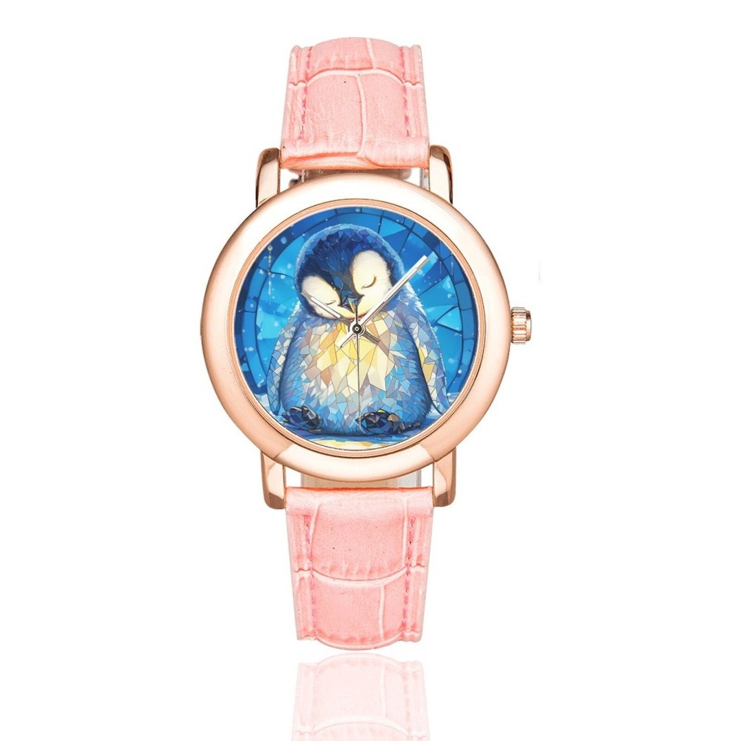 Cute Penguin Watch With Rose Gold Plated Bezel and Pink Leather Band ...