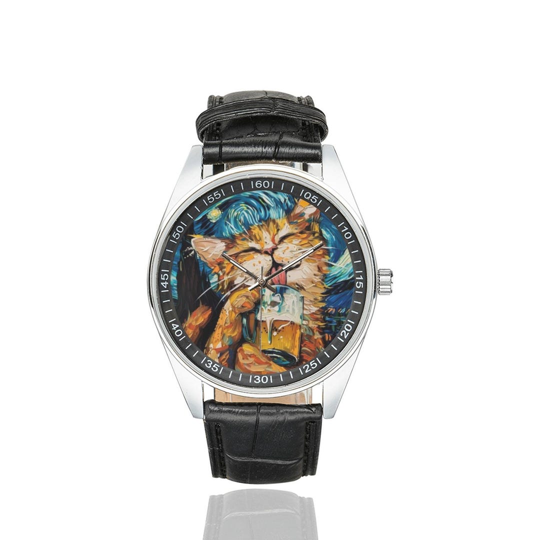 Starry Night Cat Watch: Black Leather Band, Beer Lover Gift - Etsy