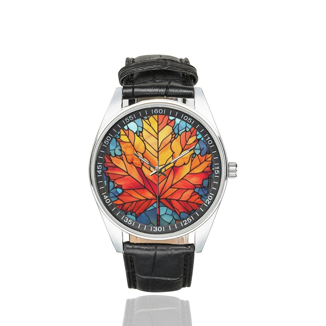 Stained Glass Maple Leaf Watch: Black Leather Band, Unisex - Etsy