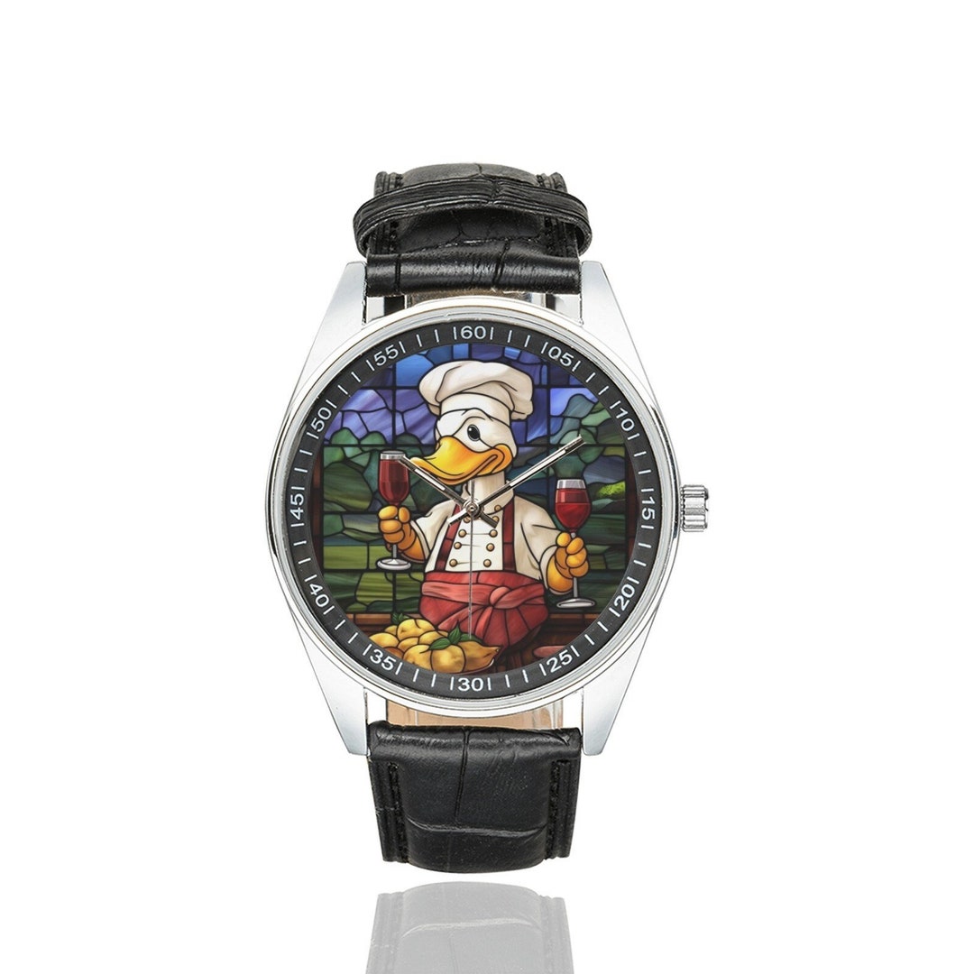 Stained Glass Duck Chef Watch With Black Leather Band, Watches for Men ...