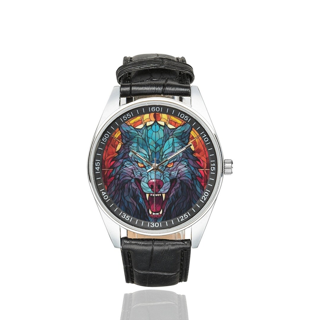 Stained Glass Werewolf Watch With Black Leather Band, Watches for Men ...