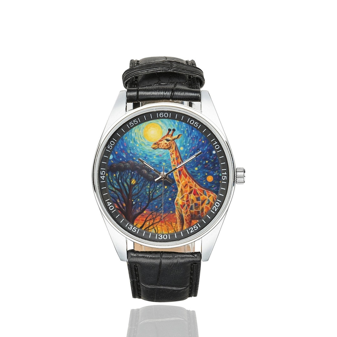 Starry Night Masai Giraffe Watch With Black Leather Band, Watches for ...