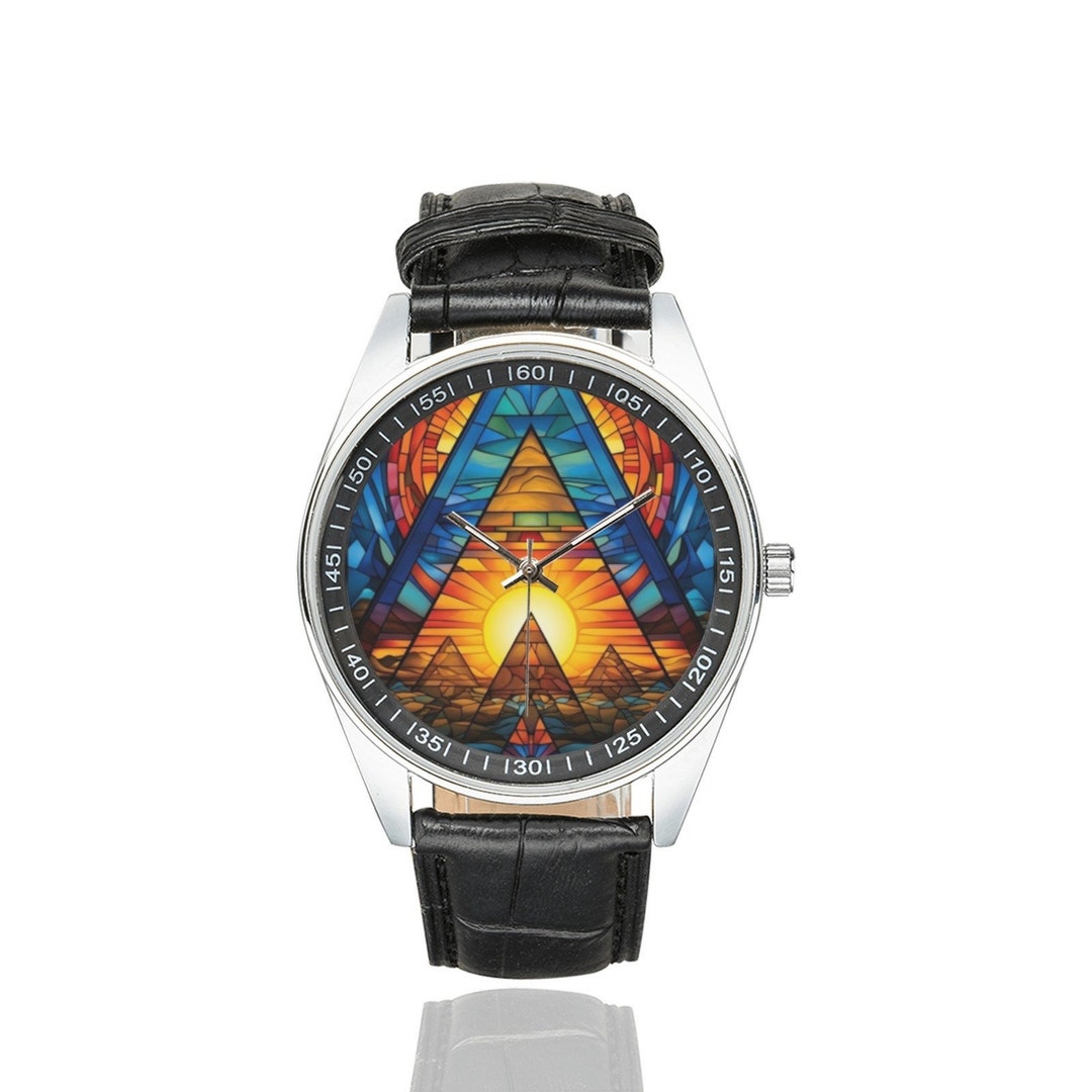 Stained Glass Egyptian Pyramid Watch With Black Leather Band, Watches ...