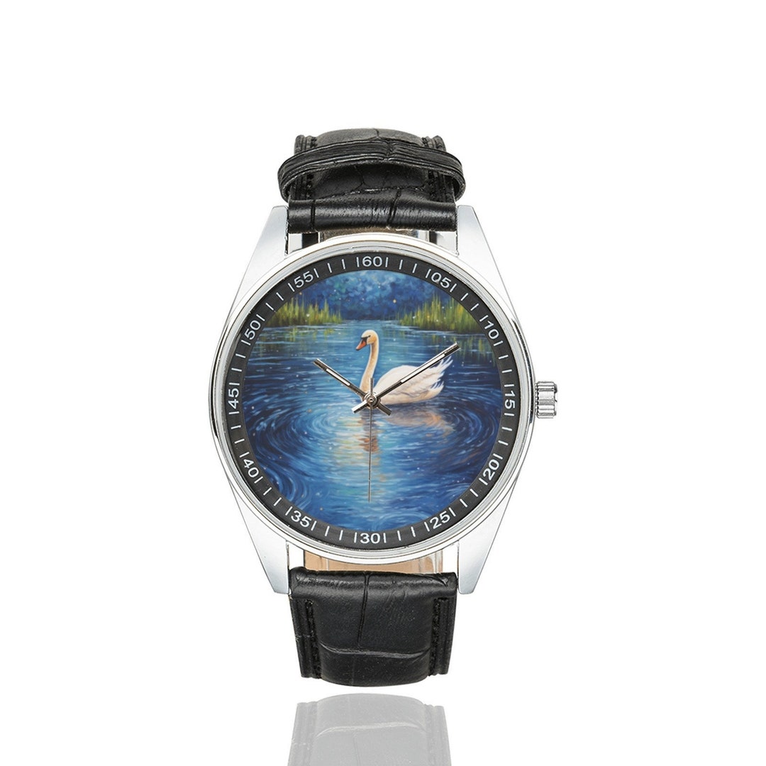 Starry Night Swan Watch With Black Leather Band, Watches for Men and ...