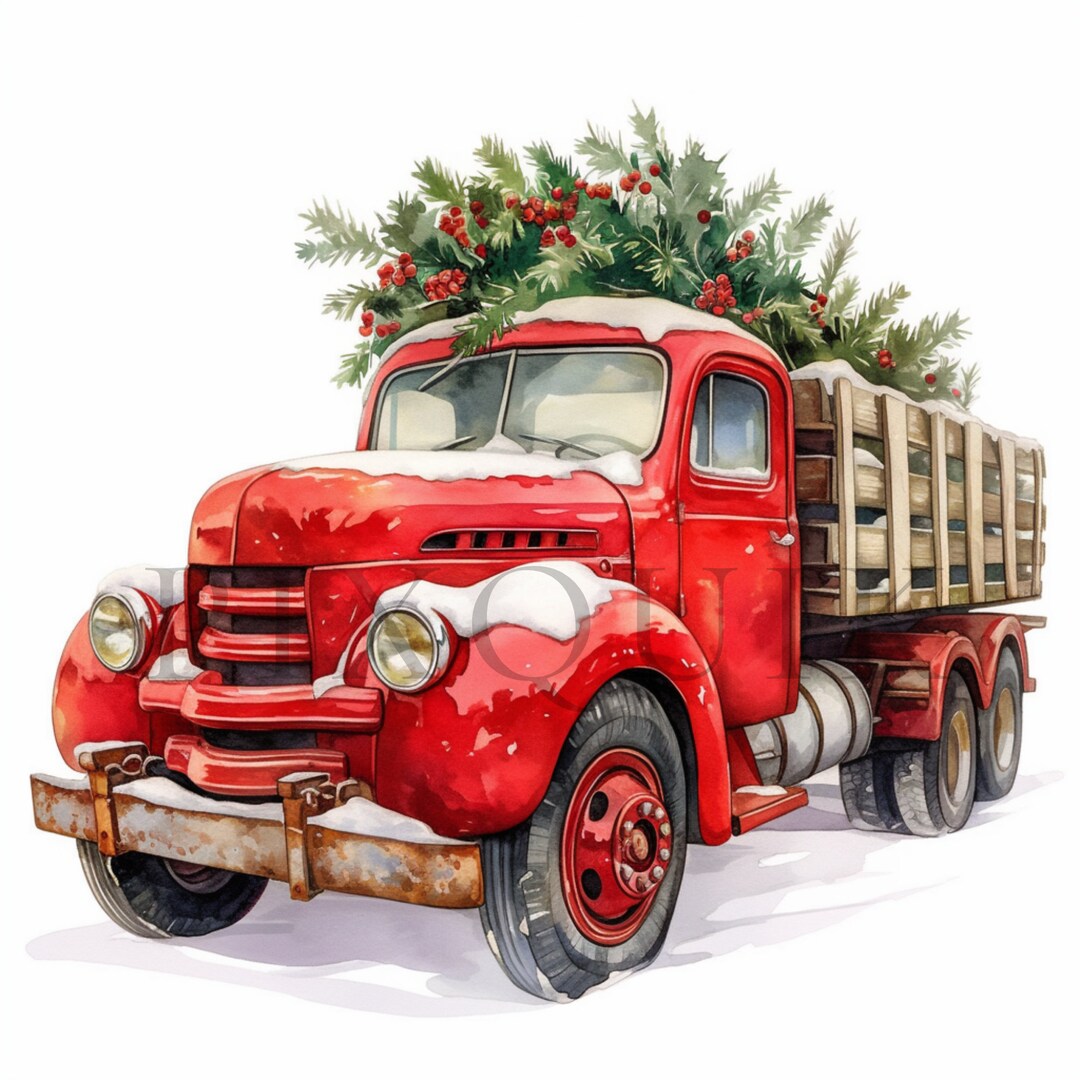 Vintage Red Christmas Truck Clipart | Holiday Jpgs (digital Download ...