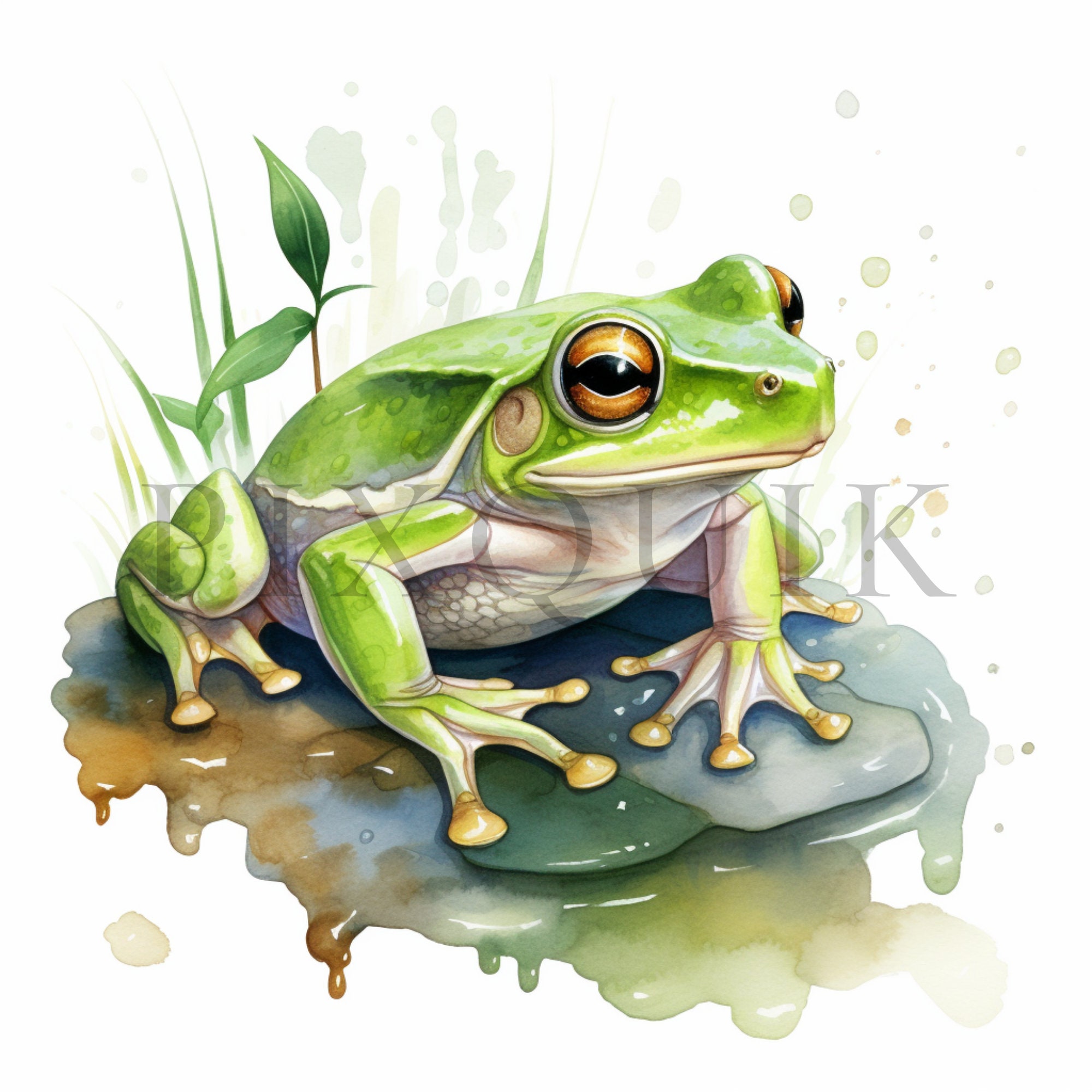 Green Frog Clipart | Watercolor Style Animal Illustration (digital ...