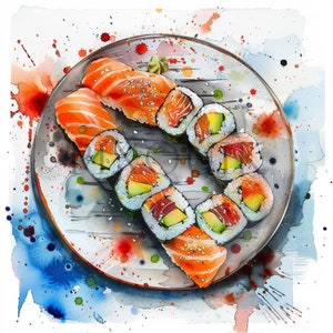 Watercolor Sushi Clipart | 10 High-quality Jpgs | Watercolor Japanese ...
