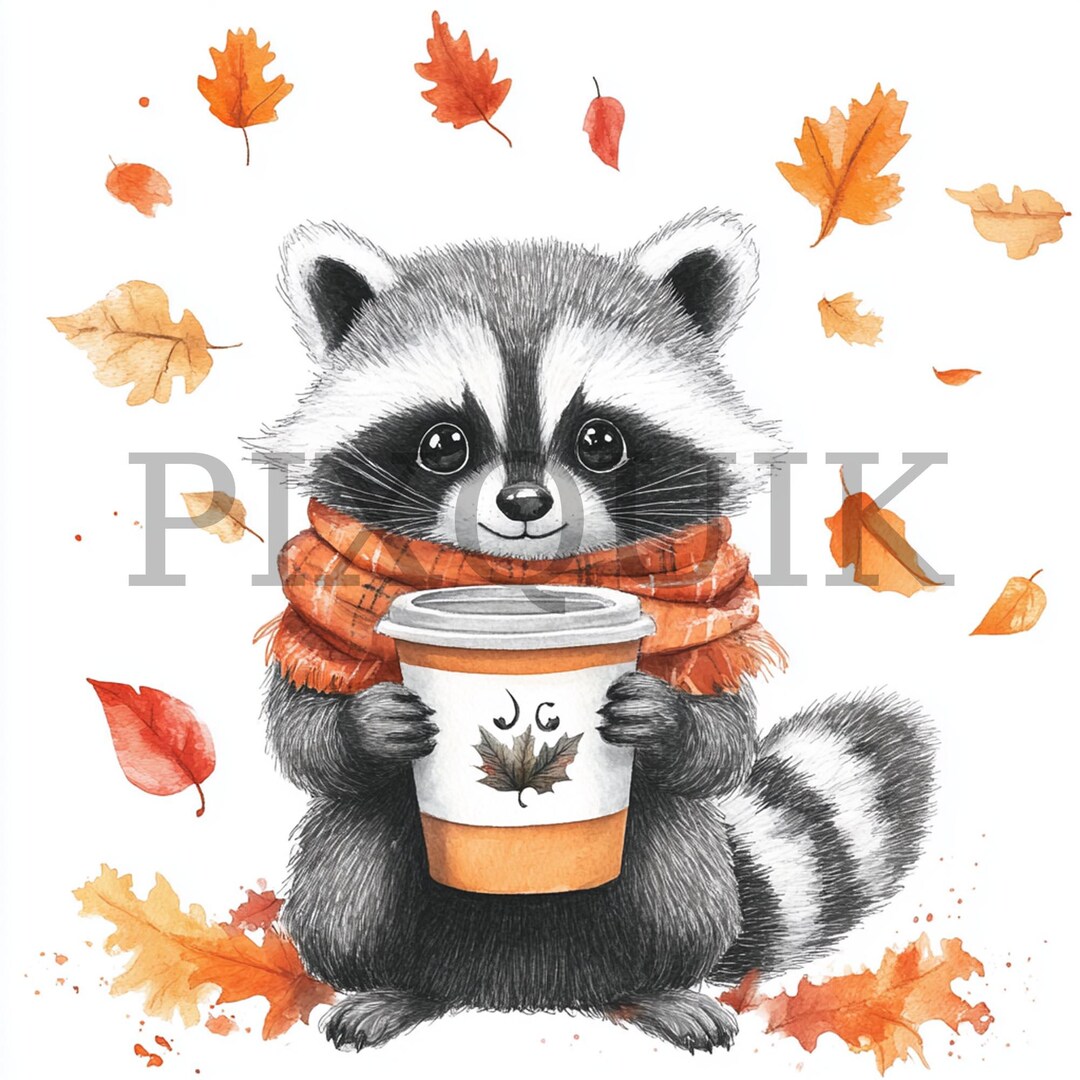 Autumn Raccoon With Drink Clipart | 10 JPG Files | Card Making ...