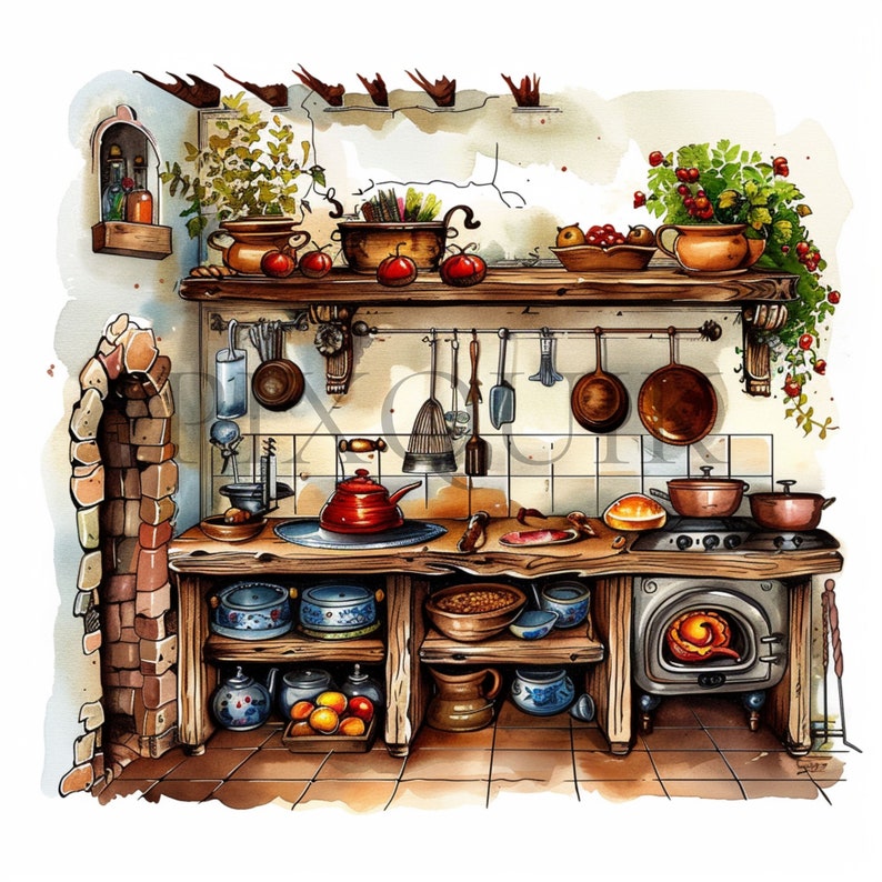 Watercolor Country Kitchen Clipart | Vintage Rustic Cottage (digital ...