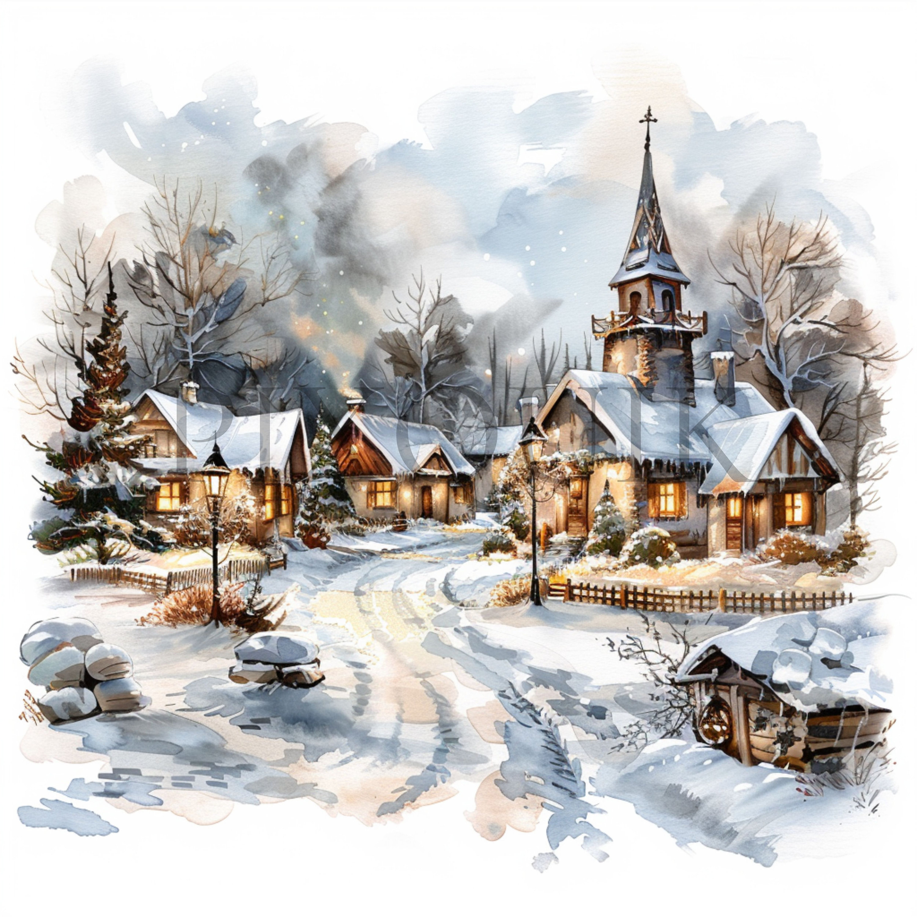 Winter Village Clipart | Watercolor Landscape, Card Making (digital ...