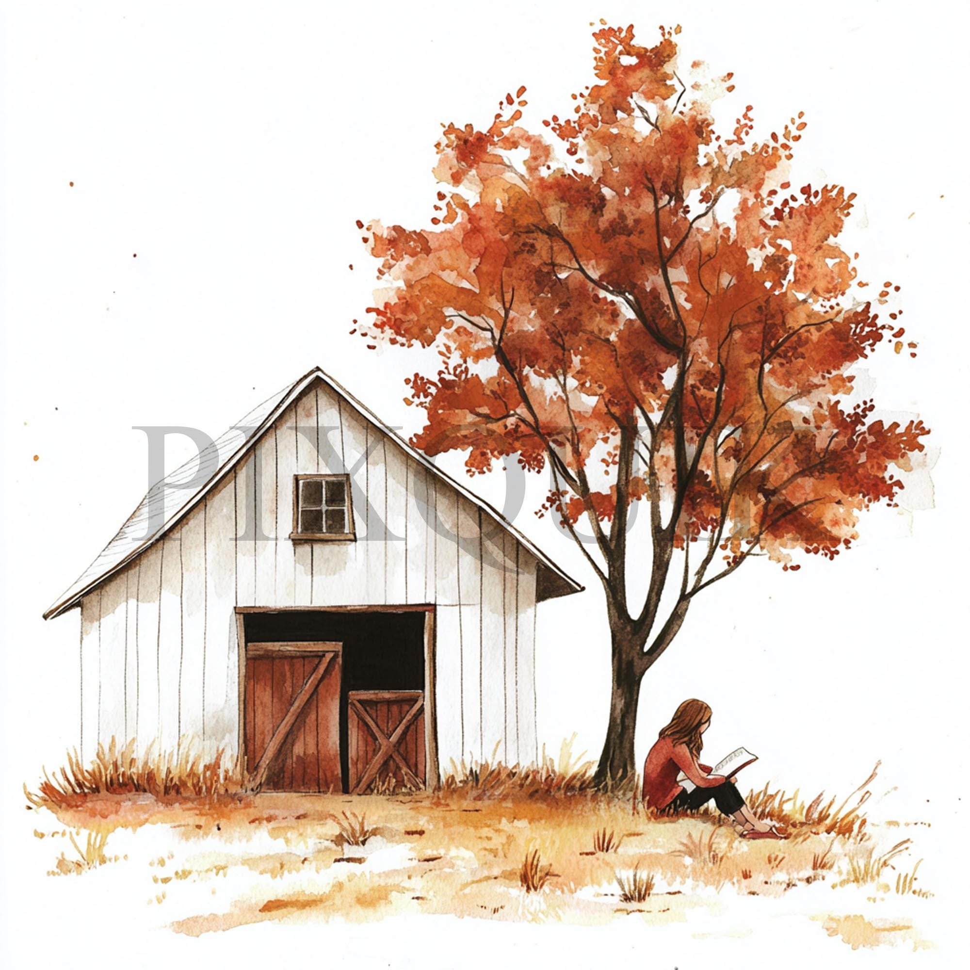 Watercolor Fall Reading Clipart | Barn and Girl (digital Download) - Etsy