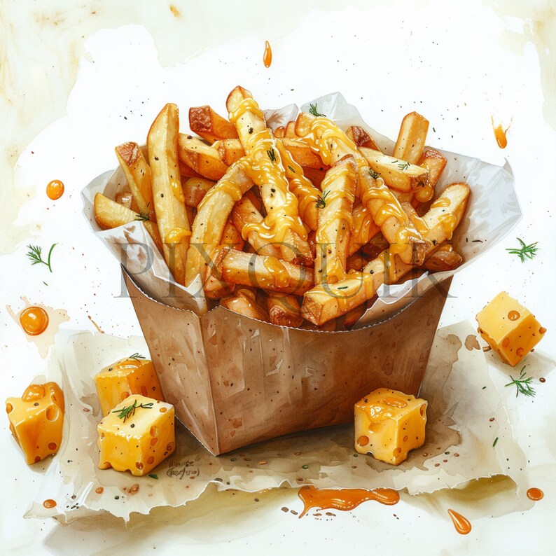 Watercolor Cheese Fries Clipart 10 High-quality Jpgs Kitchen Decor Food Illustrations Digital ...