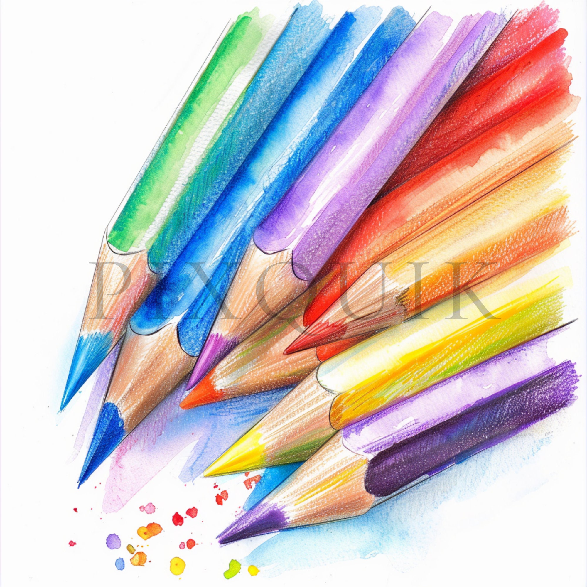 Watercolor Pencil Clipart | Colorful Stationery Art (digital Download ...