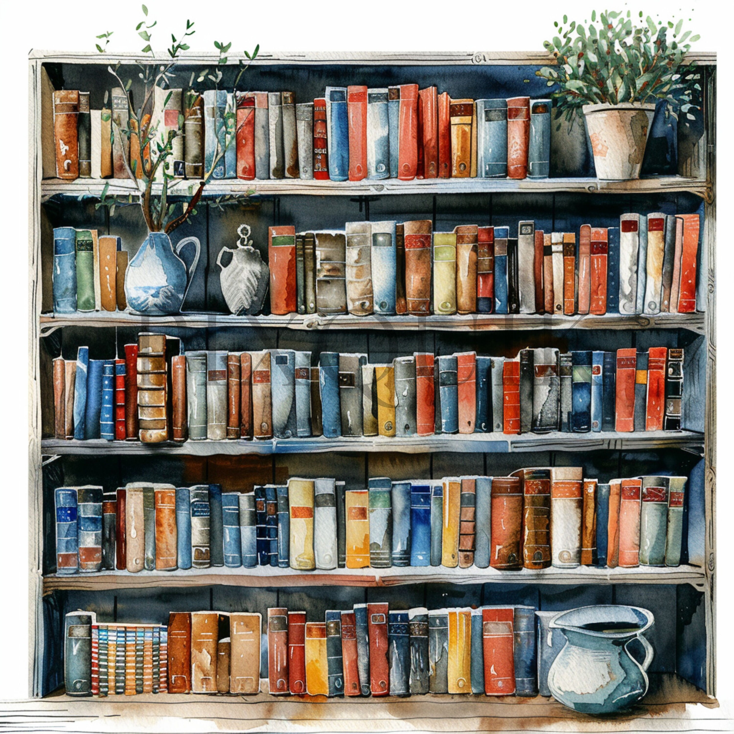 Watercolor Bookshelf Clipart | Library Books JPG Set (digital Download ...