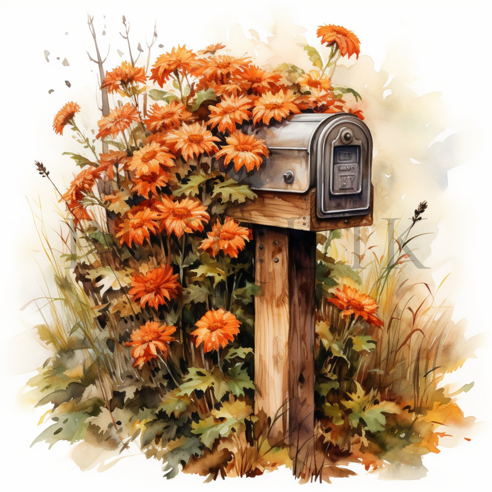 Autumn Flower Mailbox Clipart | Rustic Postbox Art (digital Download ...