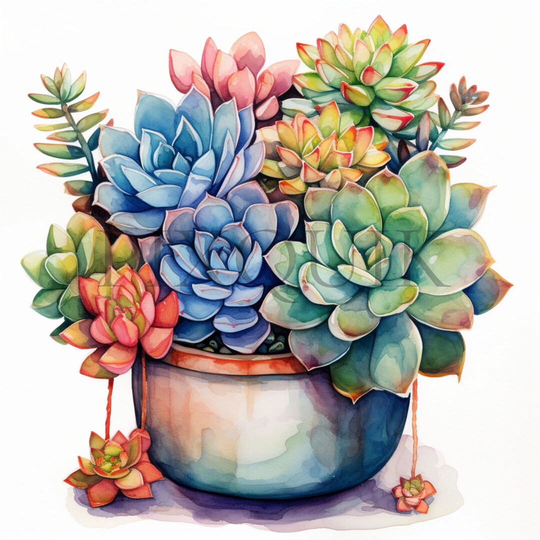 Potted Succulent Clipart | Watercolor Style, High-resolution (digital ...
