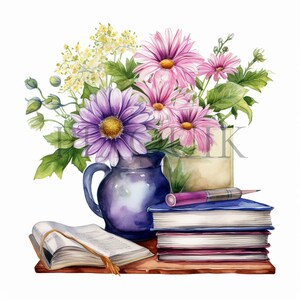 Watercolor Teacher Clipart Set | Floral Books Still Life (digital ...