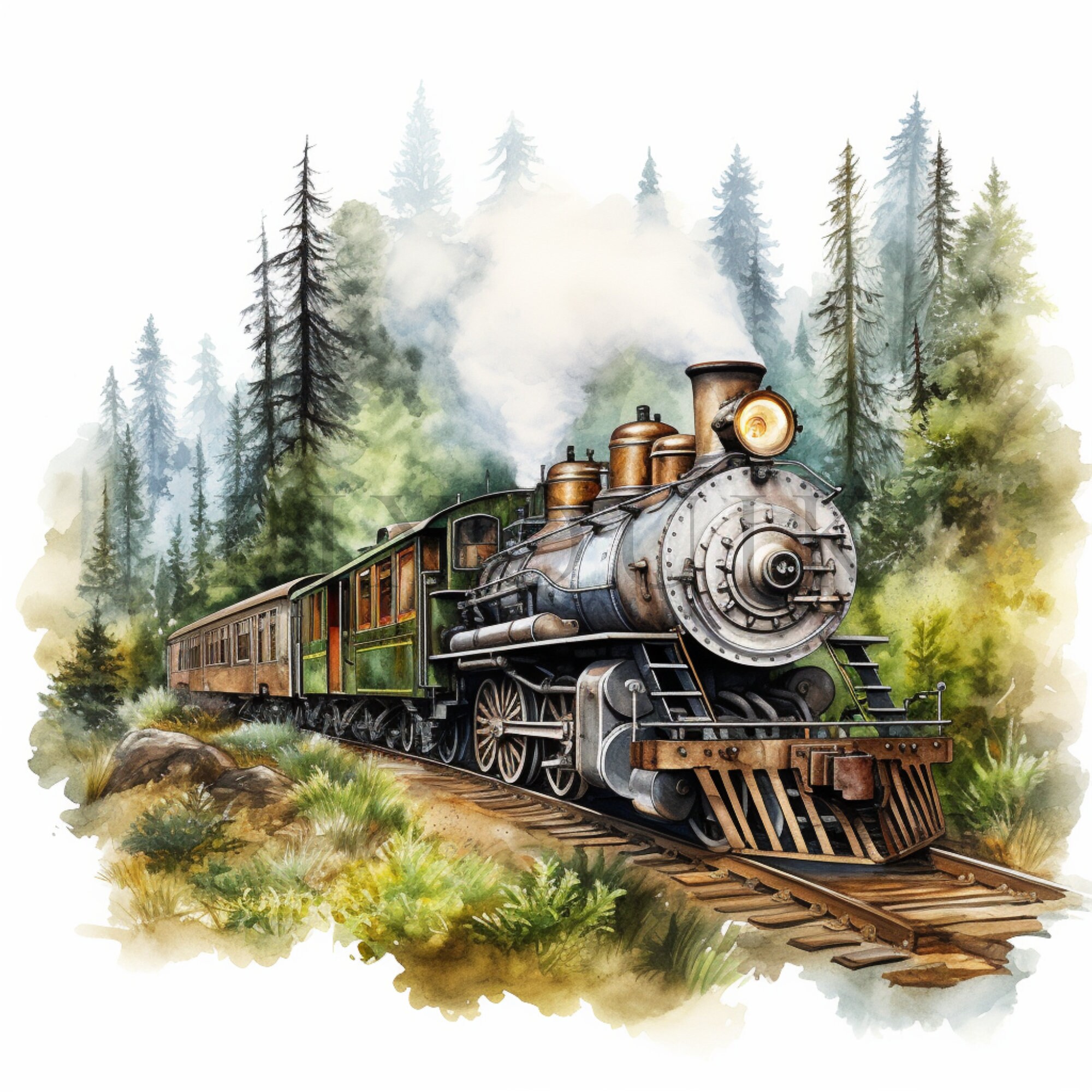 Watercolor Steam Train Clipart 10 High Quality Jpgs Digital Download ...