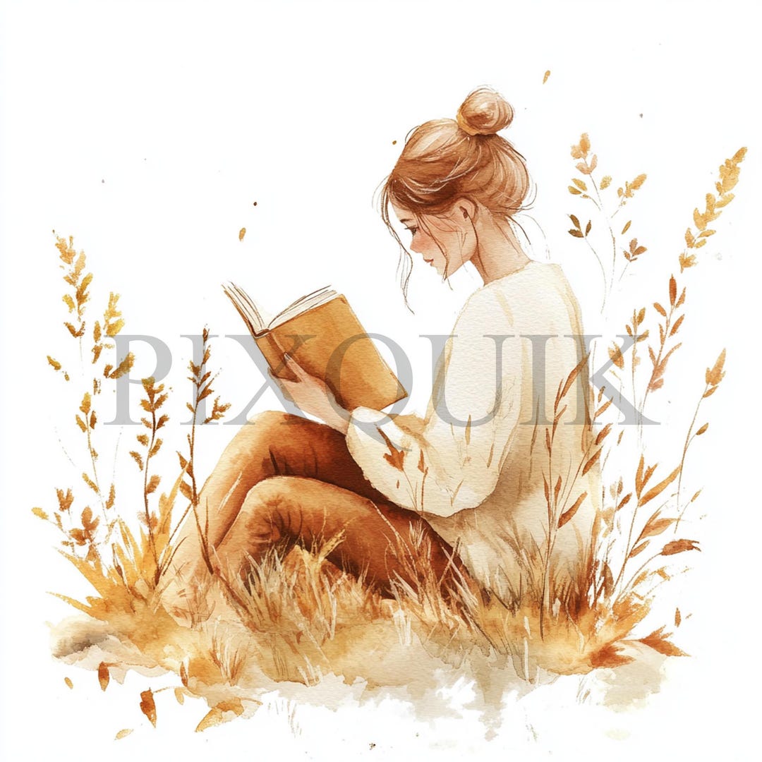 Boho Autumn Girl Reading Book Clipart | 10 High Quality Jpg's and PNG ...