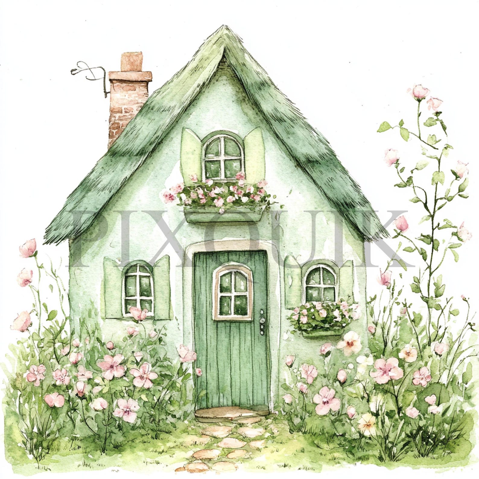 Green Cottage Clipart | Vintage Country JPG Images (digital Download ...