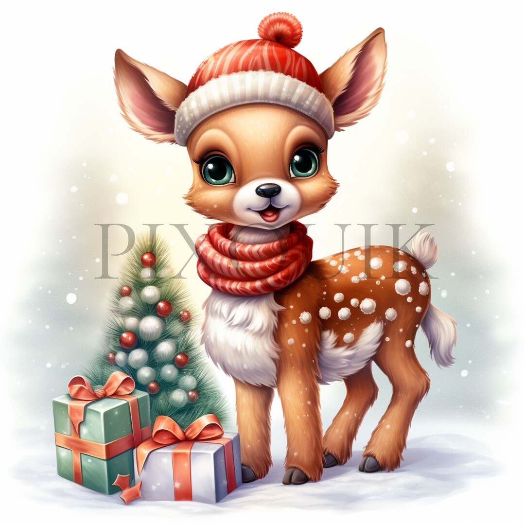 Christmas Fawn Clipart | Holiday Deer Illustration (digital Download ...