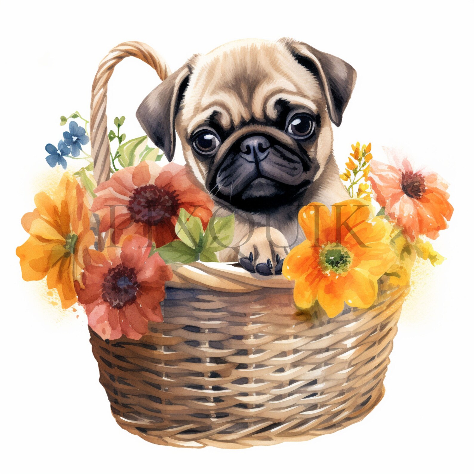 Floral Basket Pug Clipart | Cute Puppy Jpgs (digital Download) - Etsy