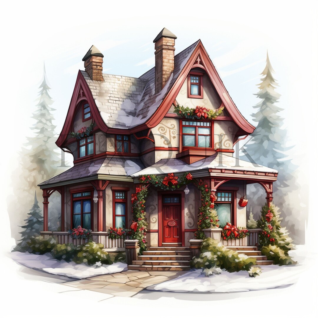 Christmas House Clipart | Holiday Home JPG Graphics (digital Download ...