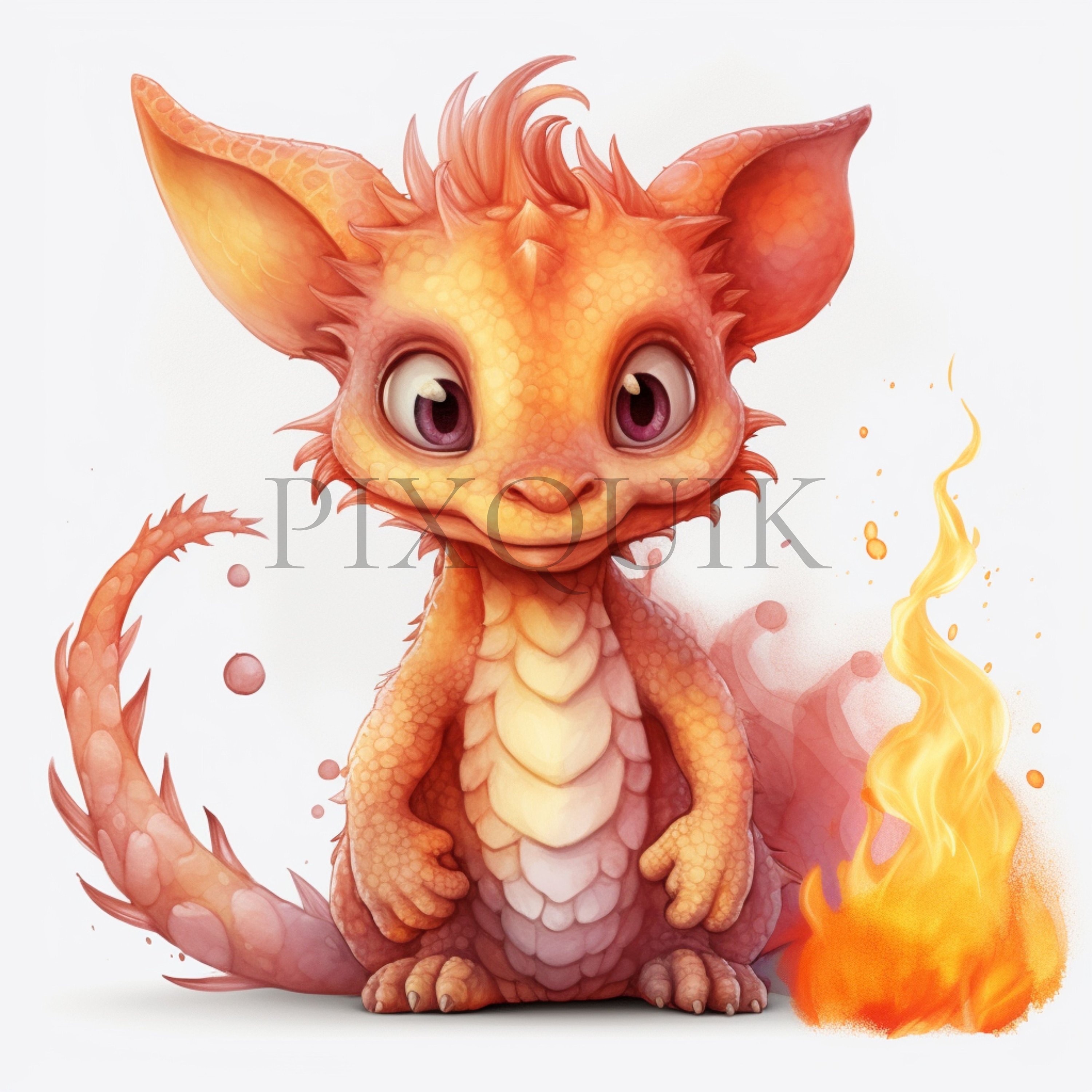 Watercolor Fire Baby Dragon Clipart | Fantasy Graphics (digital ...