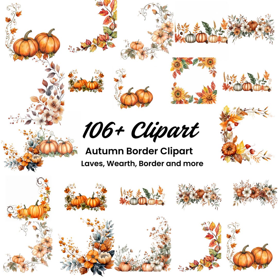 Autumn Watercolor Clipart: Fall Leaves & Pumpkin Borders (106+ JPG ...