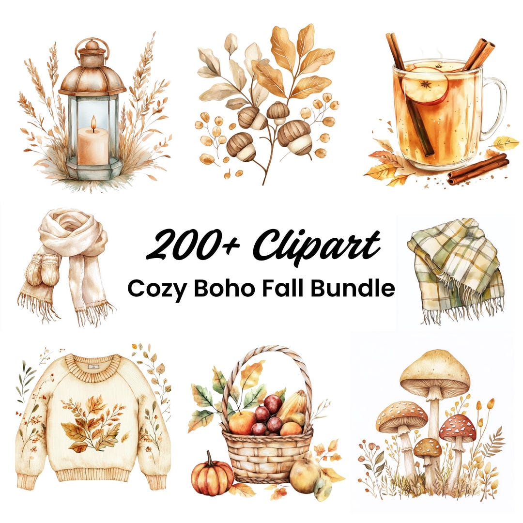 Cozy Fall Clipart Bundle: 200+ Watercolor Autumn Graphics (JPG & PNG ...