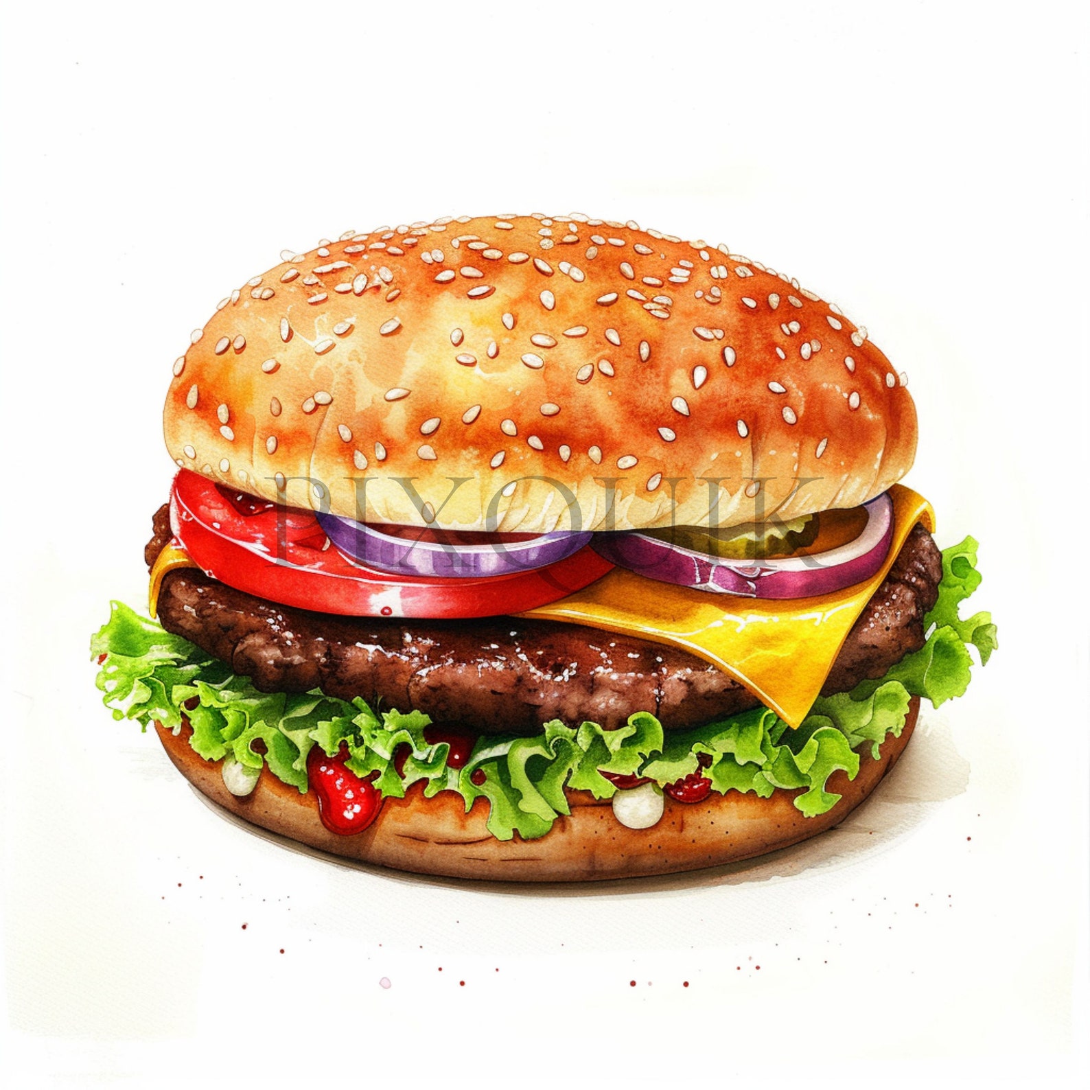 Watercolor Tasty Hamburger Clipart 10 High Quality Jpgs Fast Food ...