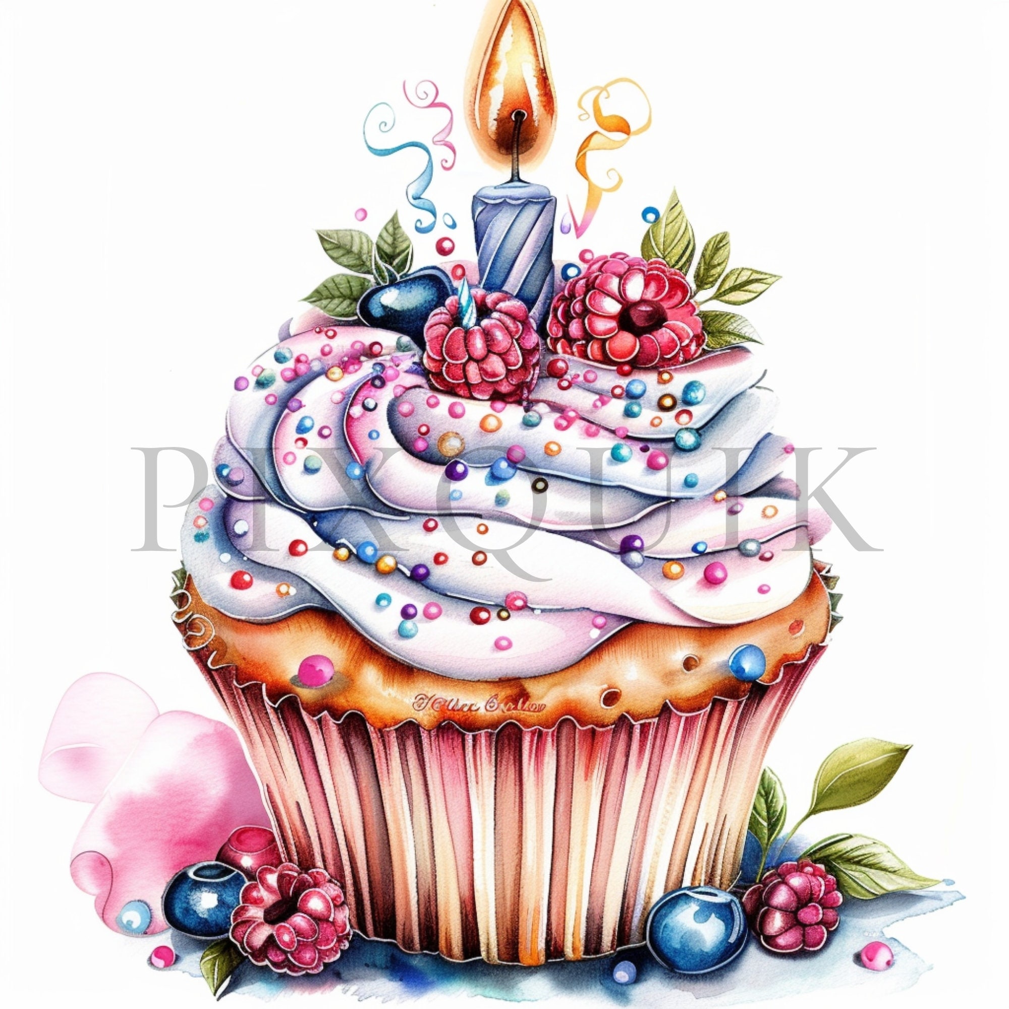 Watercolor Birthday Cupcake Clipart 1 10 High Quality Jpgs Digital ...