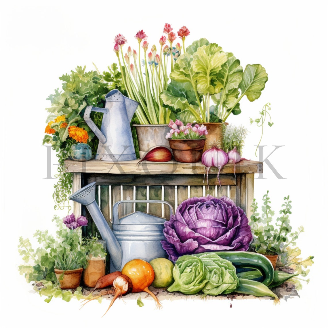 Watercolor Garden Clipart | Spring Flowers, Watering Can (digital ...