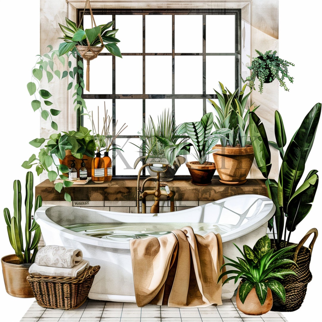 Watercolor Bathroom Clipart | Vintage Floral, Plants (digital Download ...