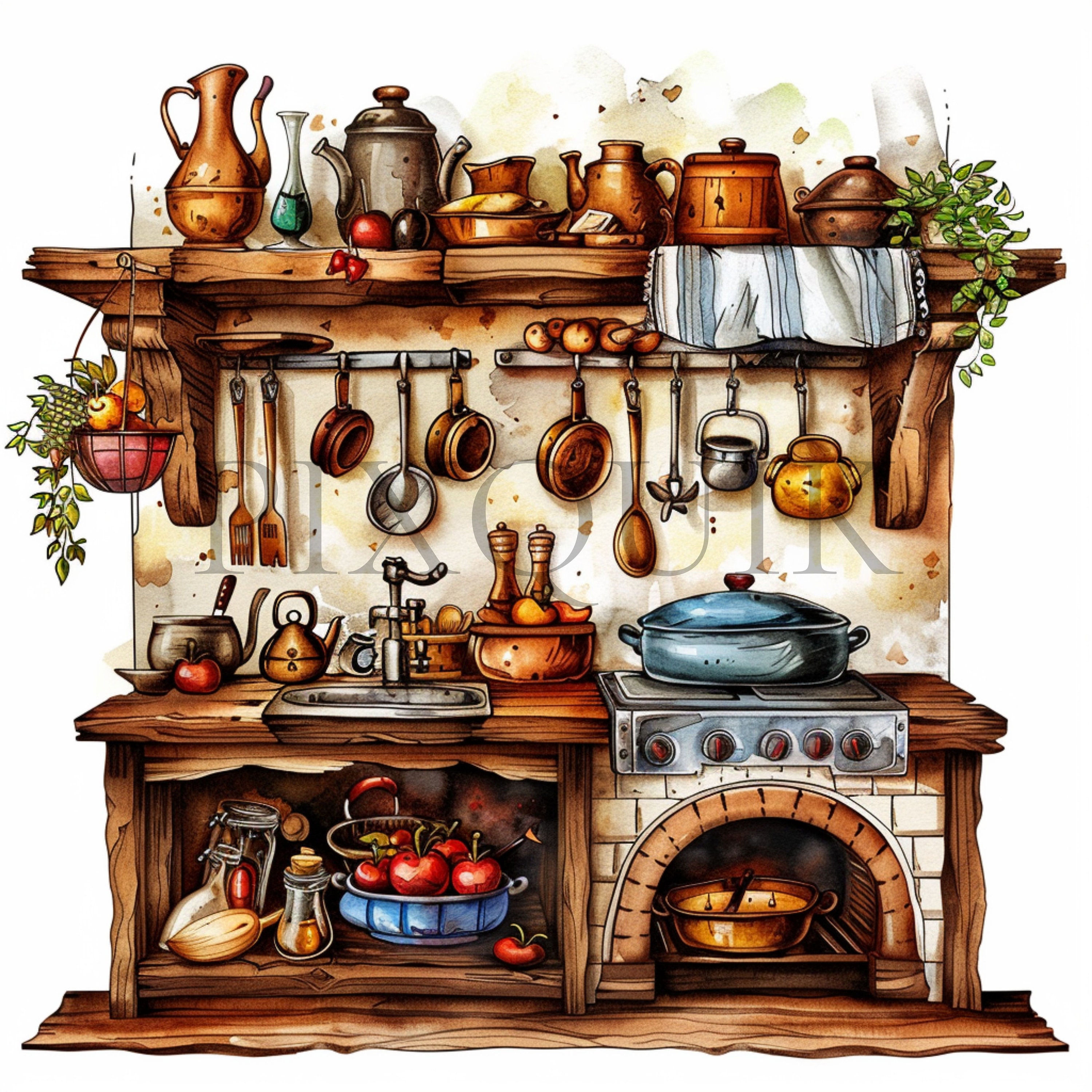 Watercolor Country Kitchen Clipart 10 High Quality JPG Rustic Vintage ...