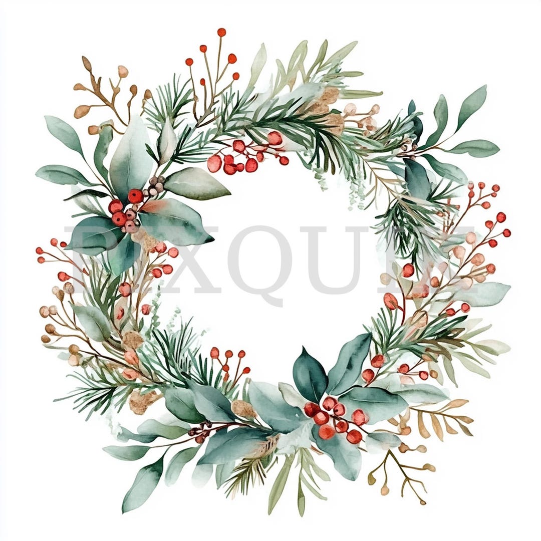 Watercolor Christmas Wreath Clipart: Bohemian Green Tones (PNG Files ...