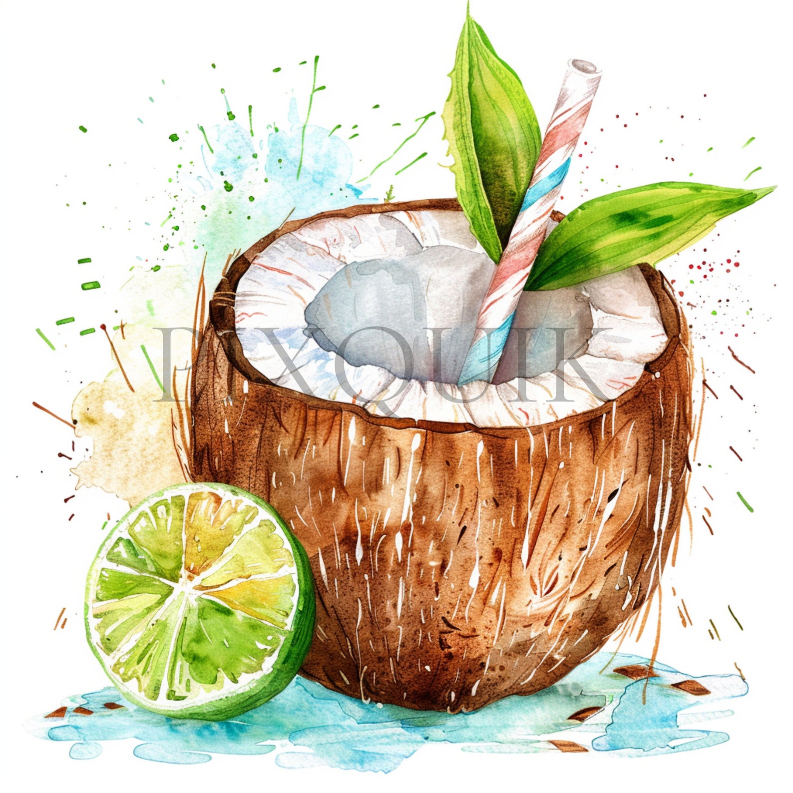 Watercolor Coconut Drink Clipart | 10 High-quality Jpg's | Summer ...