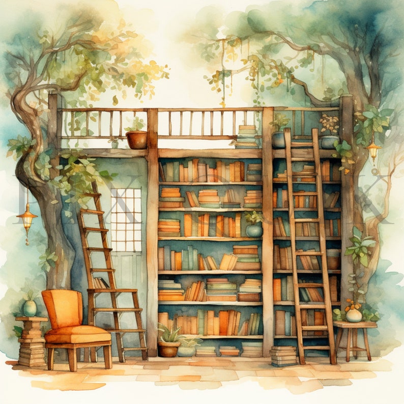 Watercolor Bookshelf Clipart 10 High Quality Jpgs Library Books Clipart ...