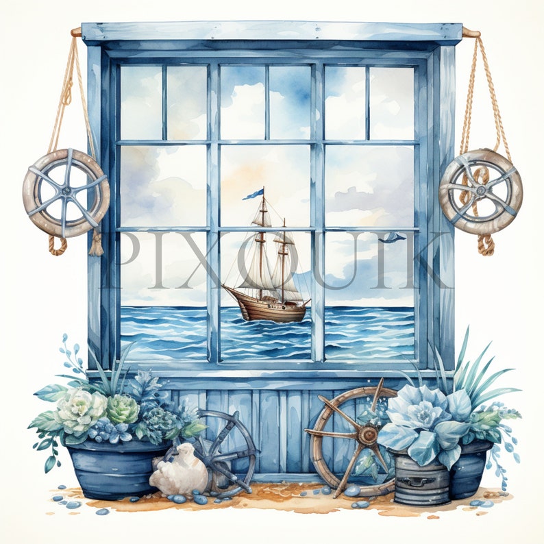 Watercolor Nautical Window Clipart | Maritime Art Prints (digital ...