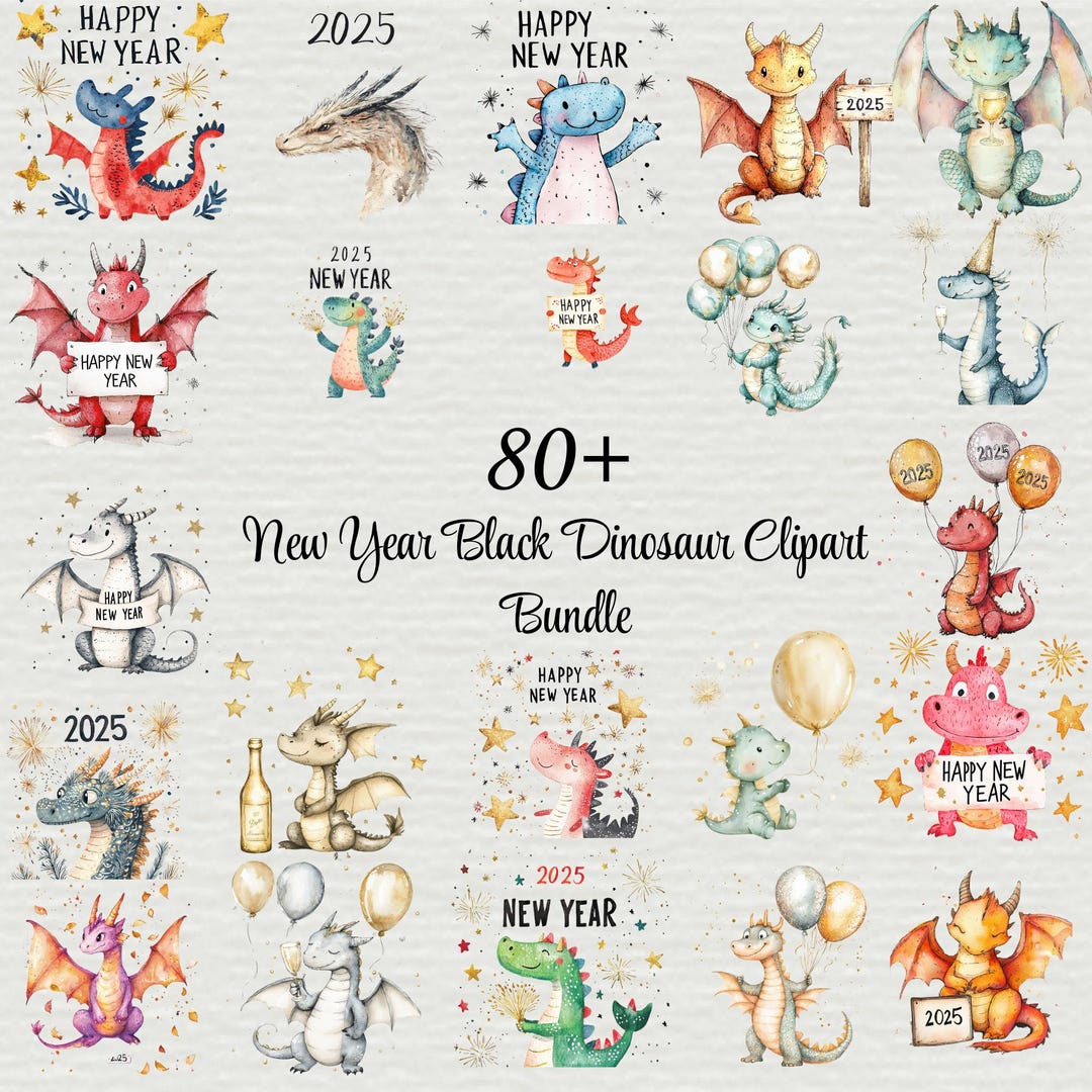 New Year Dinosaur Clipart Bundle | Party Design Elements (digital) - Etsy