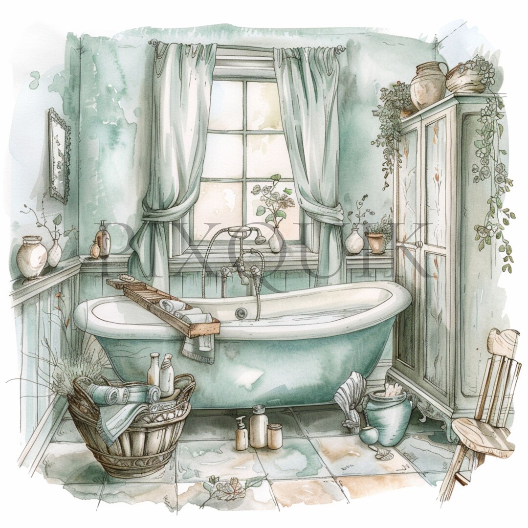 Vintage Floral Bathroom Clipart: Watercolor Style (digital Download) - Etsy