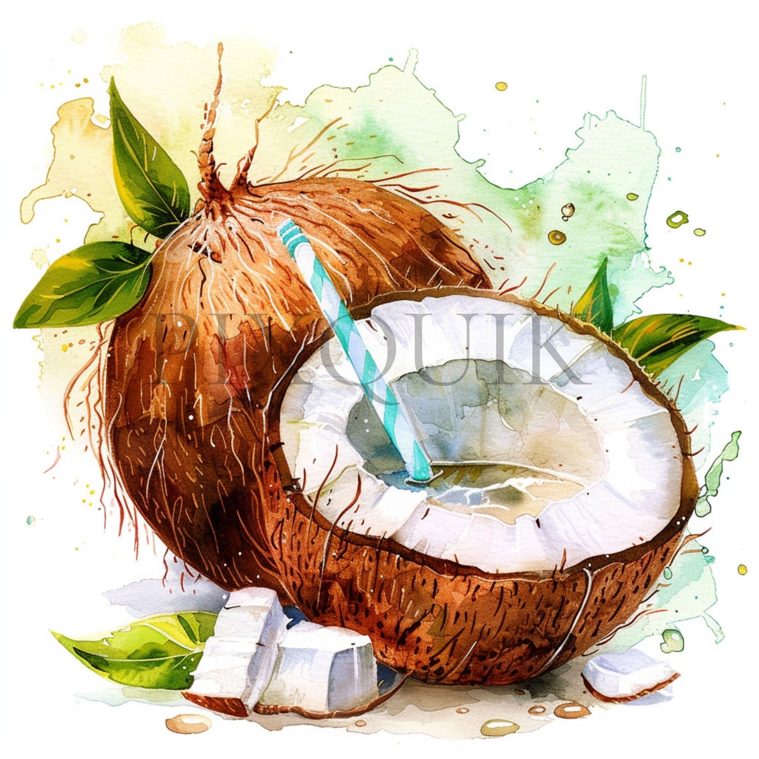 Watercolor Coconut Drink Clipart | 10 High-quality Jpg's | Summer ...