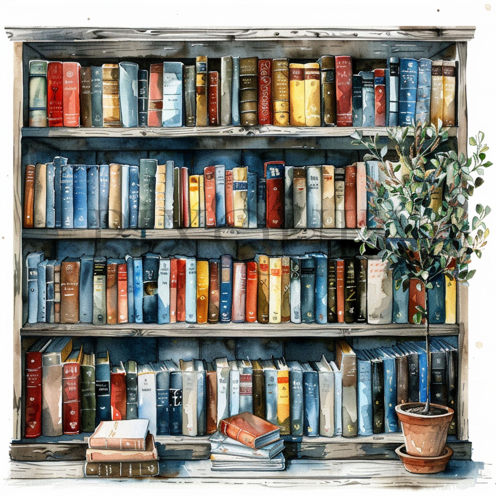 Watercolor Bookshelf Clipart | Library Books JPG Set (digital Download ...