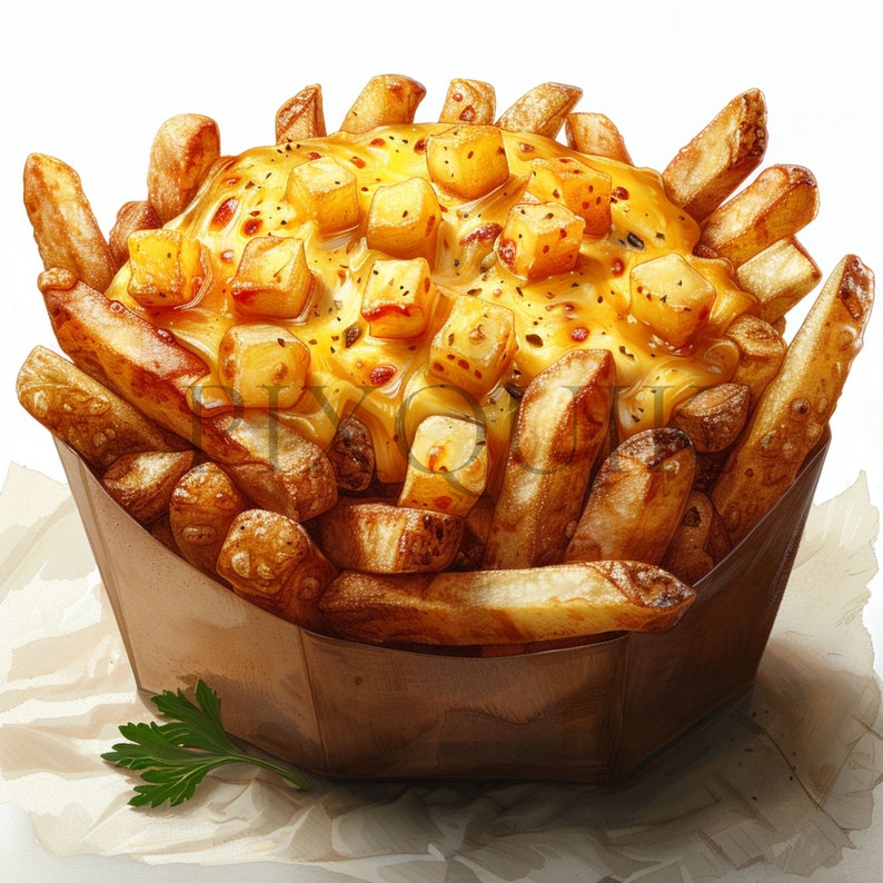 Watercolor Cheese Fries Clipart 10 High-quality Jpgs Kitchen Decor Food Illustrations Digital ...