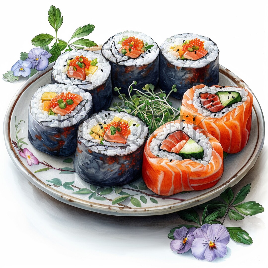 Watercolor Sushi Clipart | 10 High-quality Jpgs | Watercolor Japanese ...